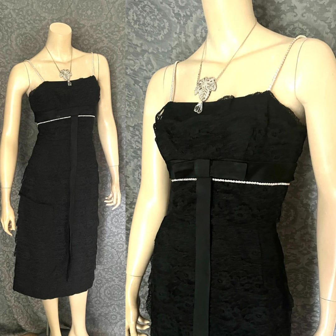Killer Bombshell 1950s Tiered Black Lace Wiggle Dress, Rhinestone ...