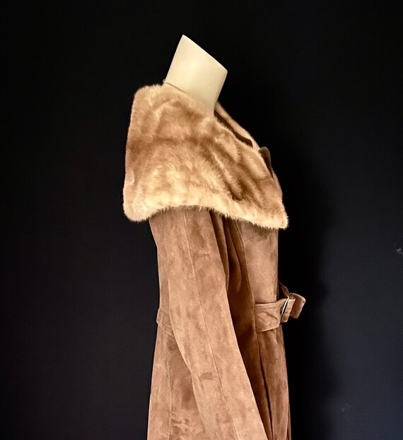 1960s, 1970s Light Cocoa Brown Suede and Mink Belted … - Gem
