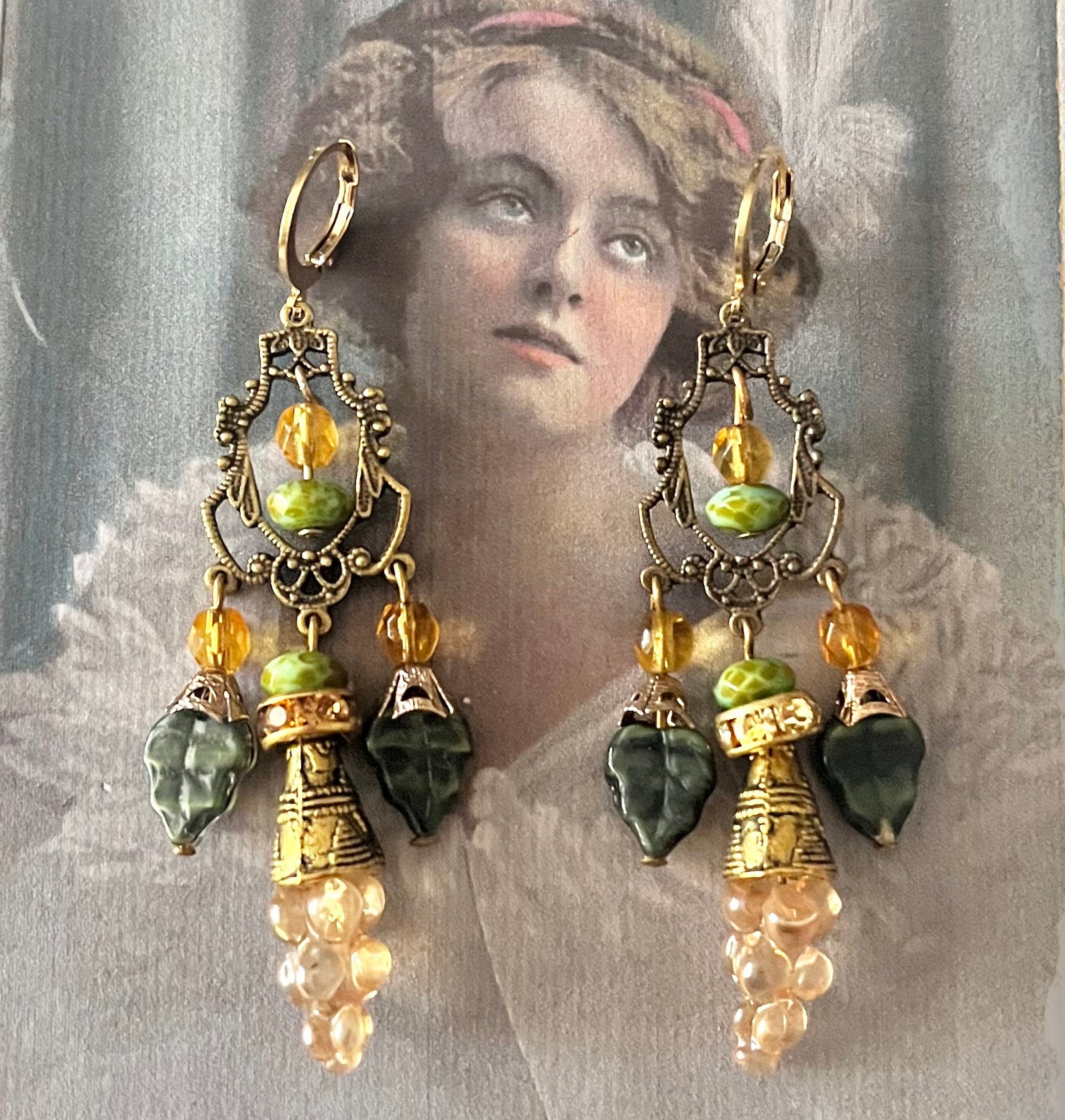 Antique Gold Toned Oenophile, Wine Lover Grape Earrings, Green , Topaz ...