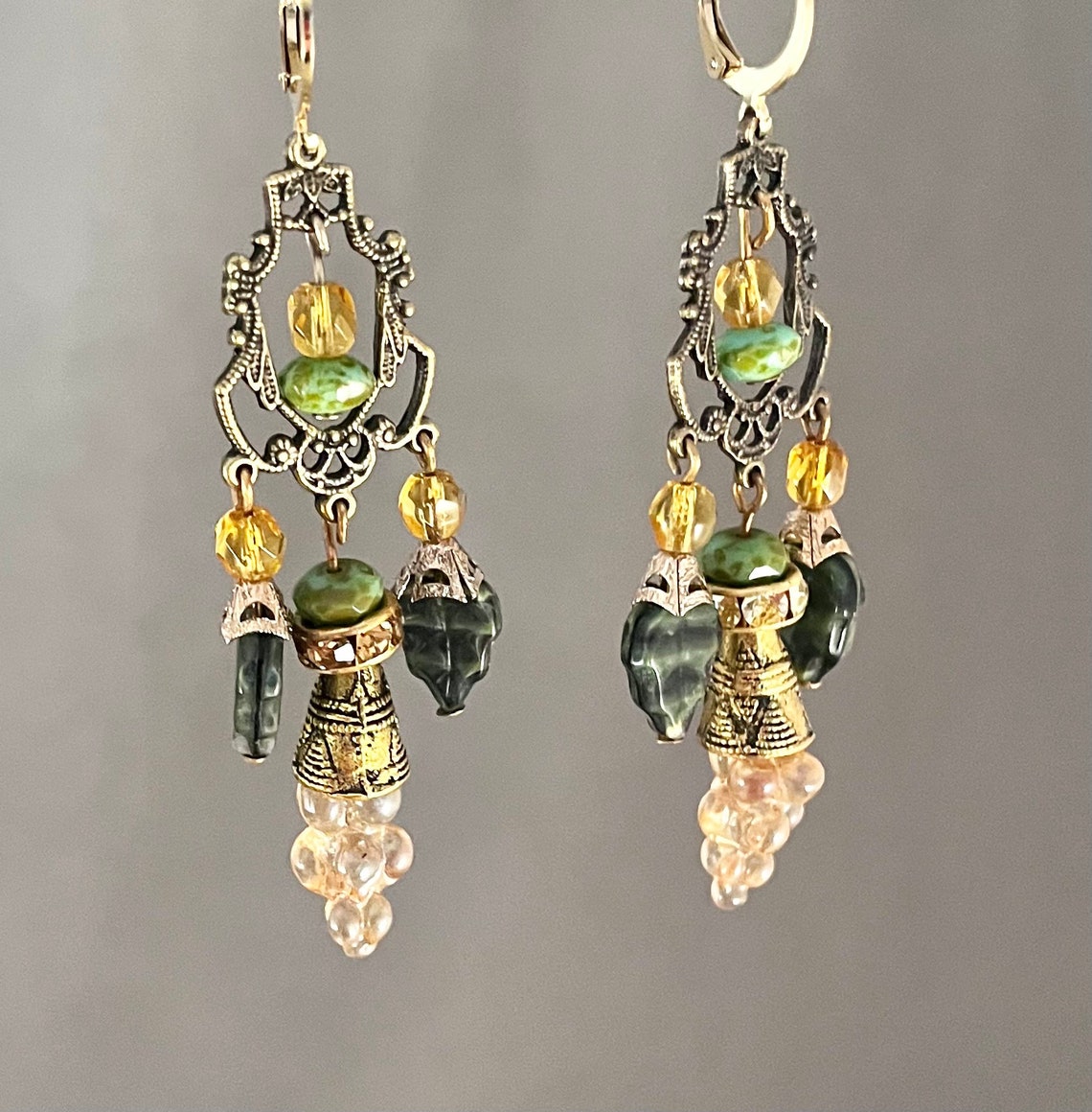 Antique Gold Toned Oenophile, Wine Lover Grape Earrings, Green , Topaz ...
