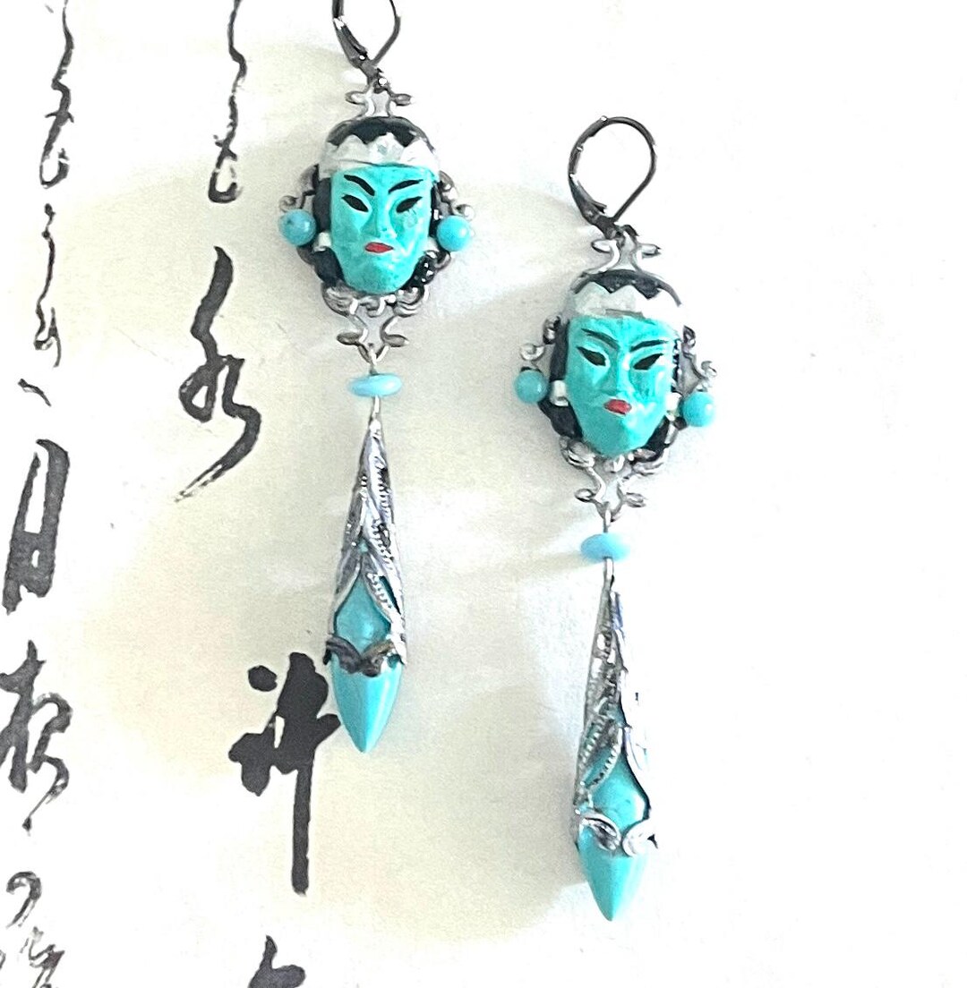 Vintage 1950s Selro Style Asian Face, Thai Princess OOAK Earrings, Hand ...
