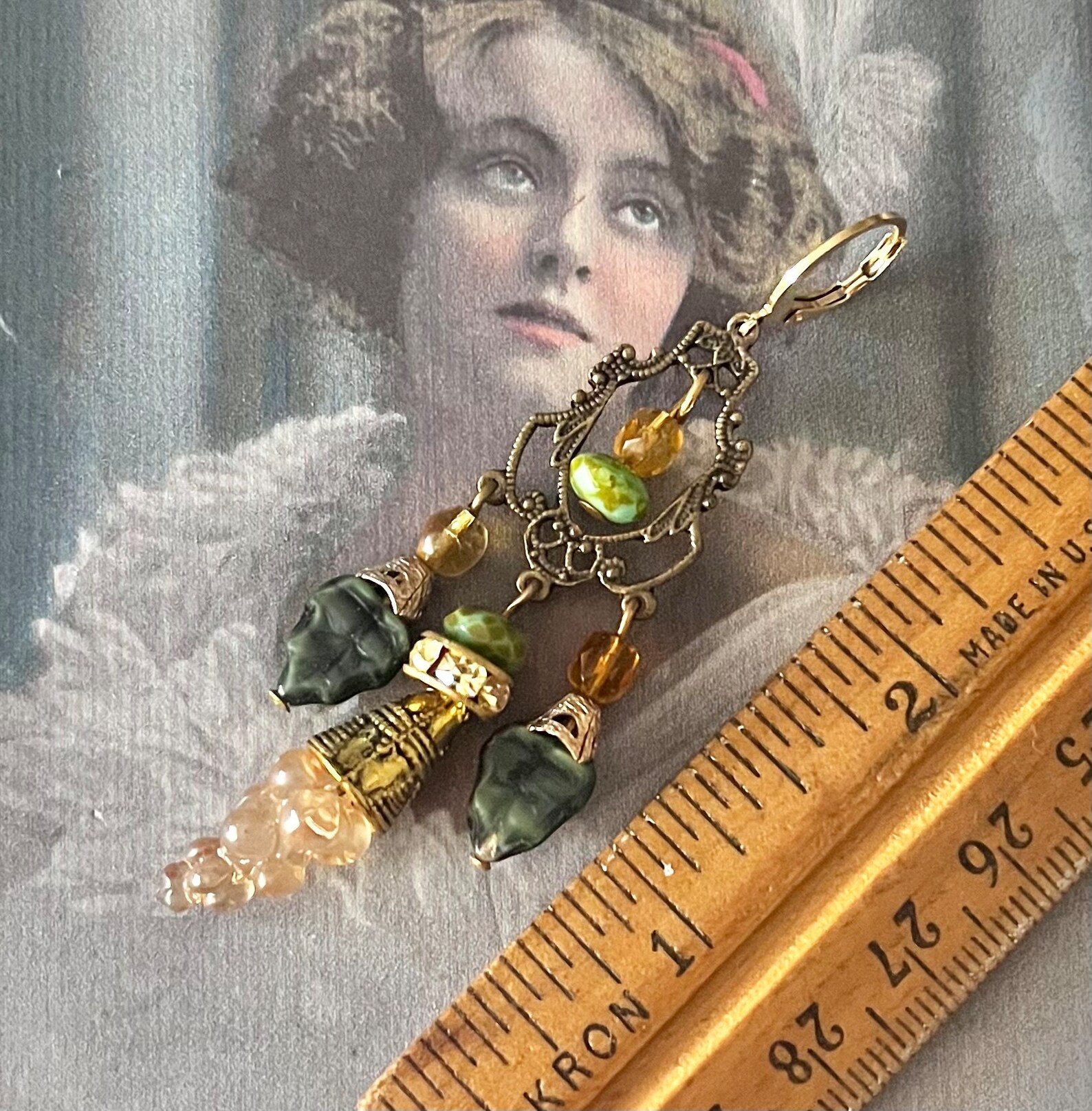 Antique Gold Toned Oenophile, Wine Lover Grape Earrings, Green , Topaz ...