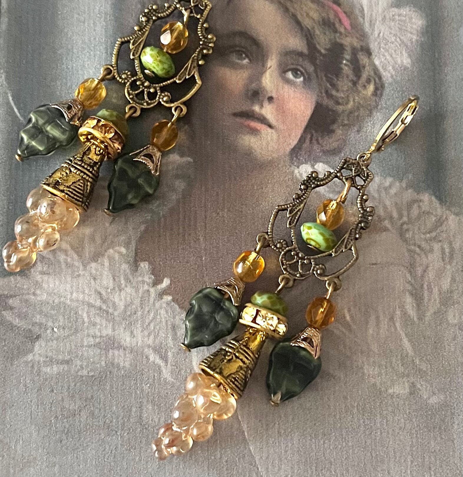 Antique Gold Toned Oenophile, Wine Lover Grape Earrings, Green , Topaz ...