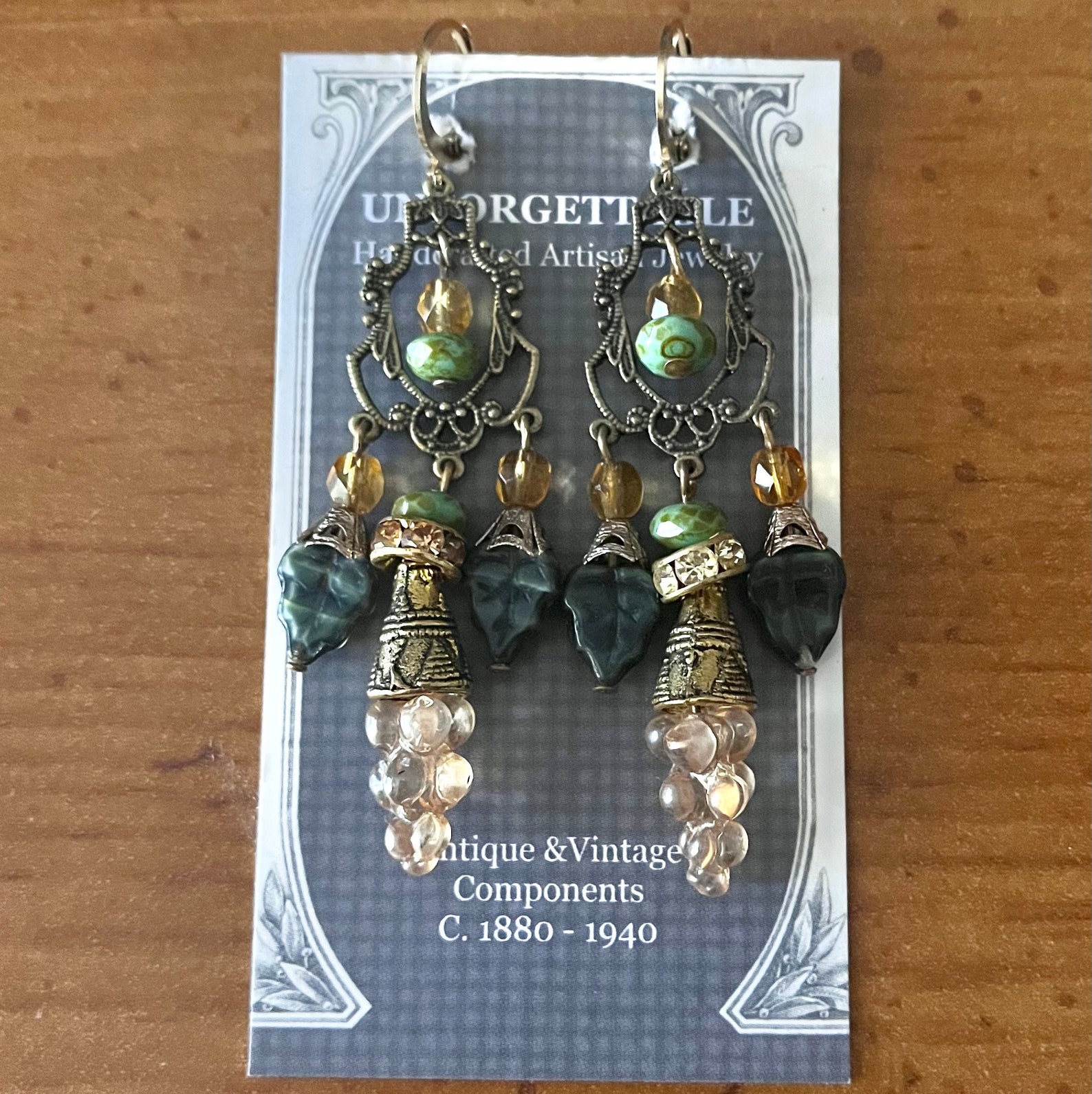 Antique Gold Toned Oenophile, Wine Lover Grape Earrings, Green , Topaz ...