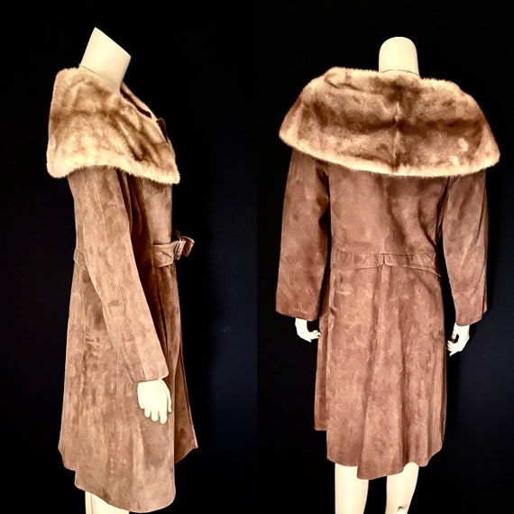 1960s, 1970s Light Cocoa Brown Suede and Mink Belted … - Gem