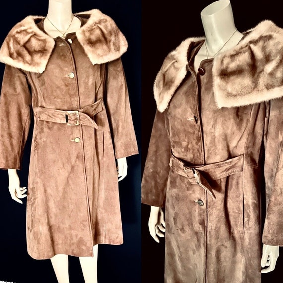 1960s, 1970s Light Cocoa Brown Suede and Mink Belted … - Gem