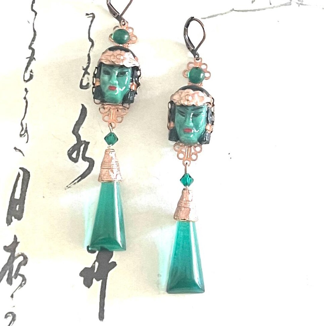Vintage 1950s Selro Style Asian Face, Thai Princess OOAK Earrings, Hand ...