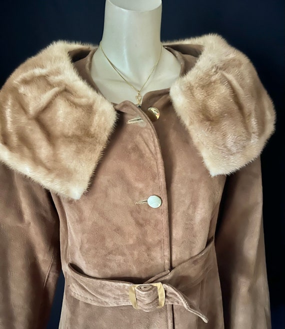 1960s, 1970s Light Cocoa Brown Suede and Mink Belted … - Gem