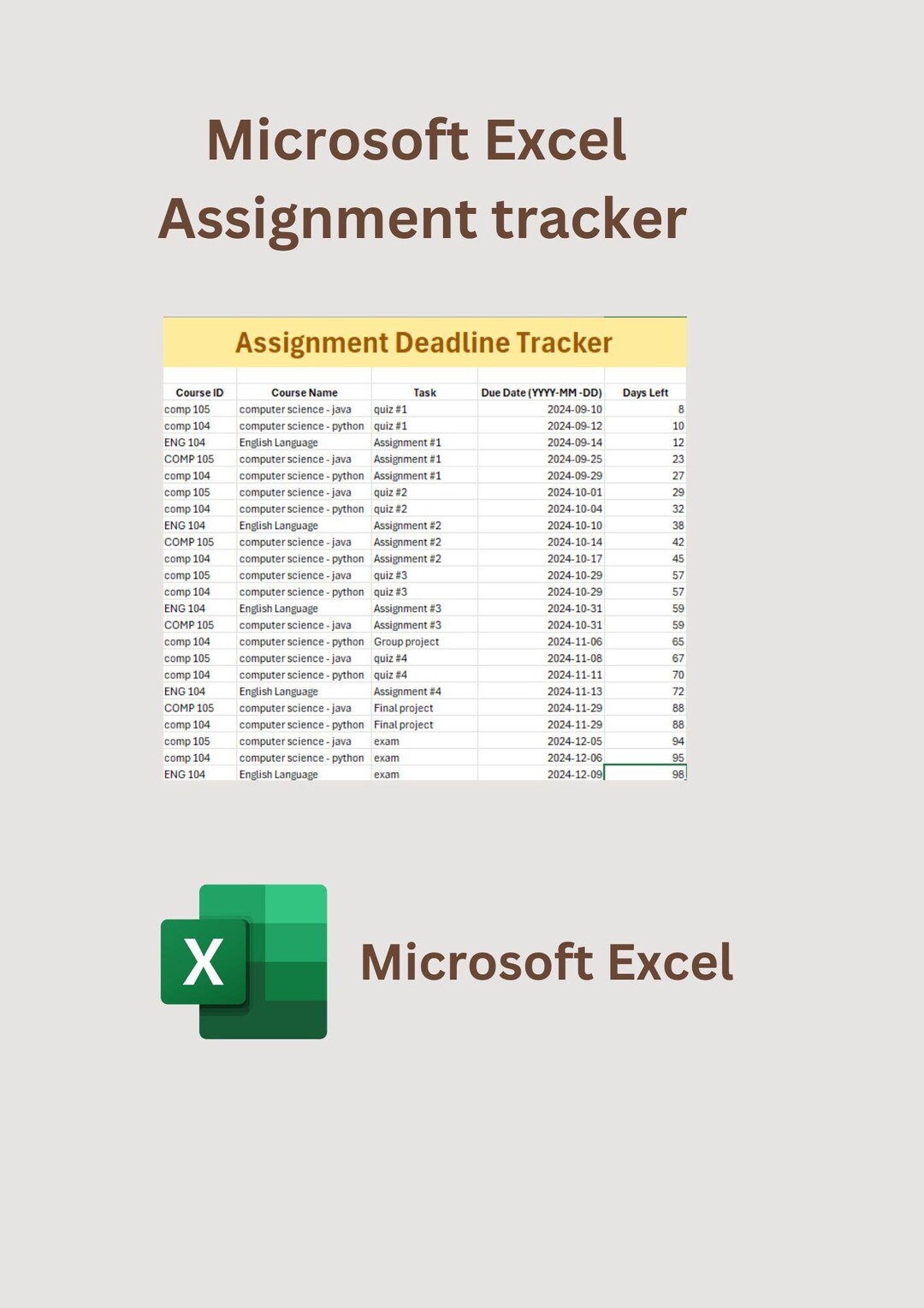 Microsoft Excel Assignment Tracker - Etsy