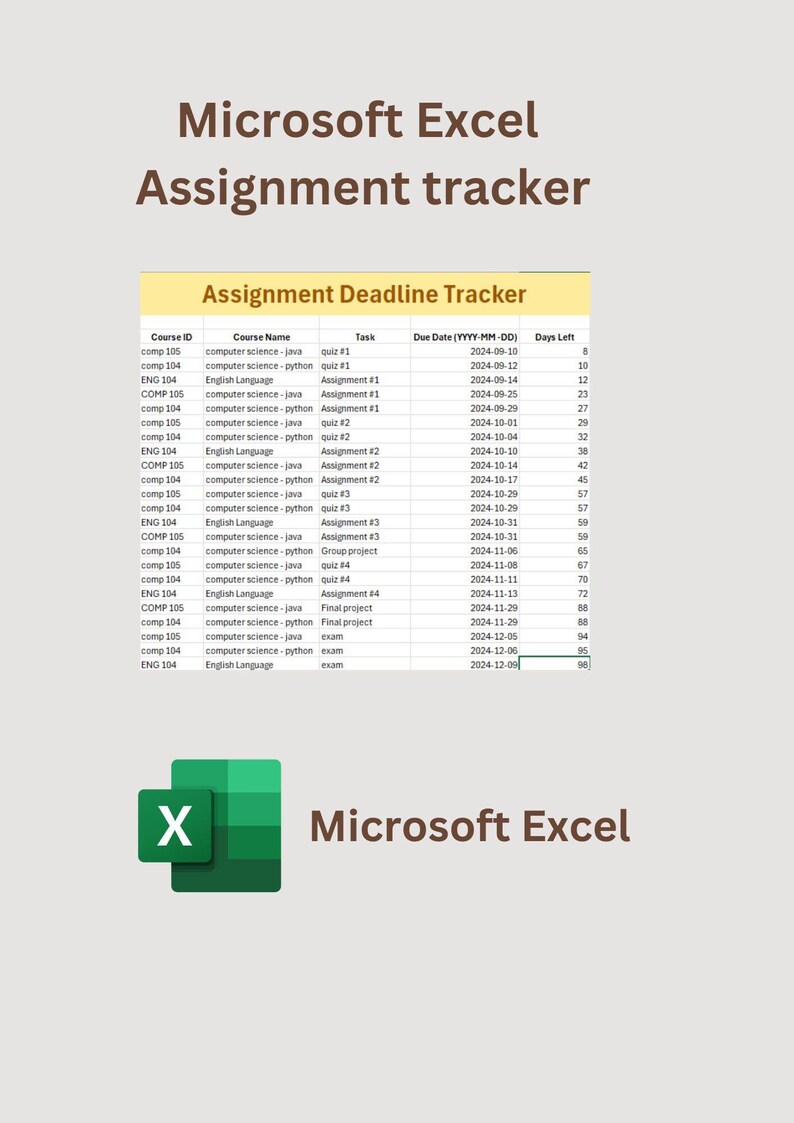 Microsoft Excel Assignment Tracker - Etsy