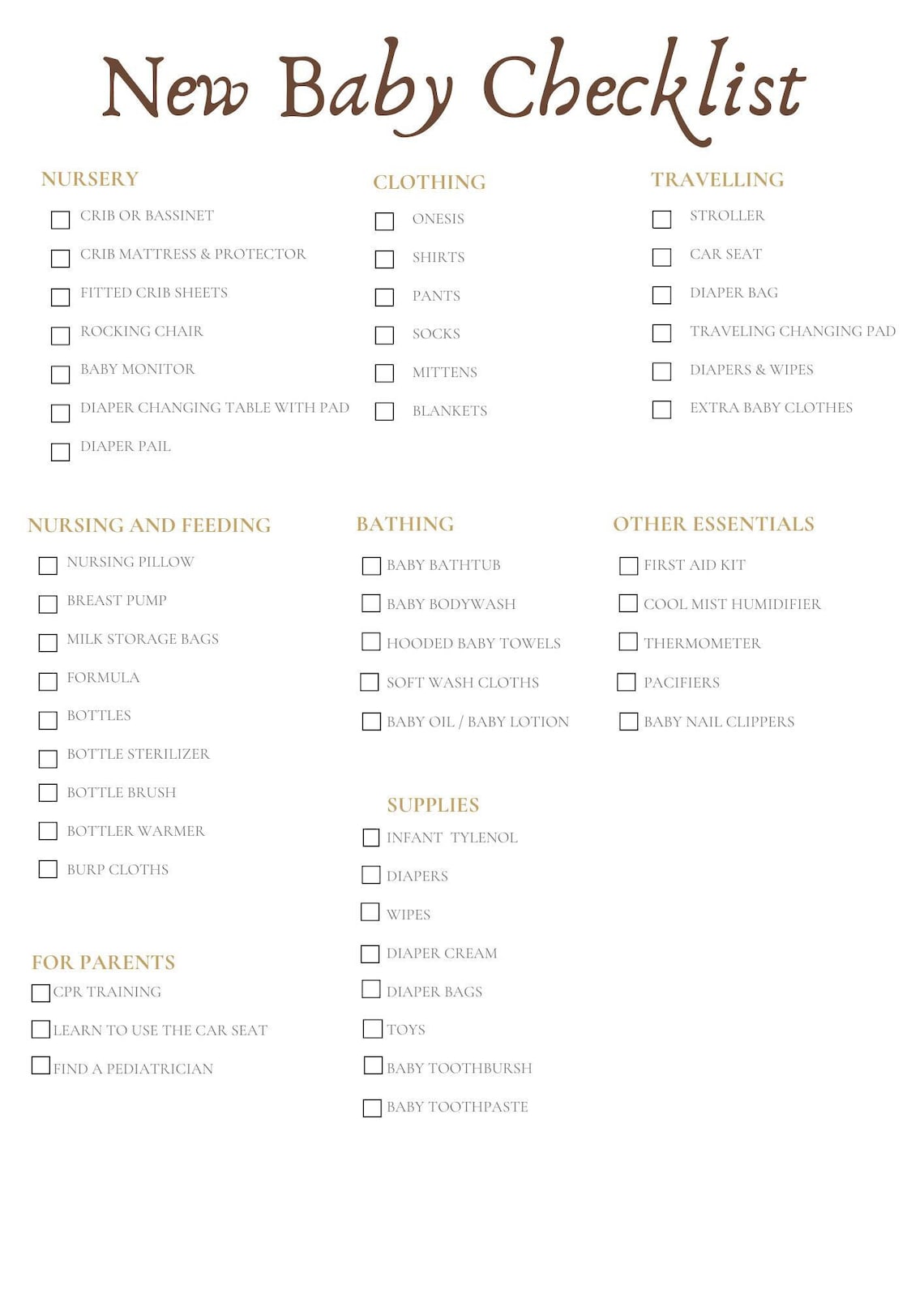 New Baby Checklists (printable) - Etsy