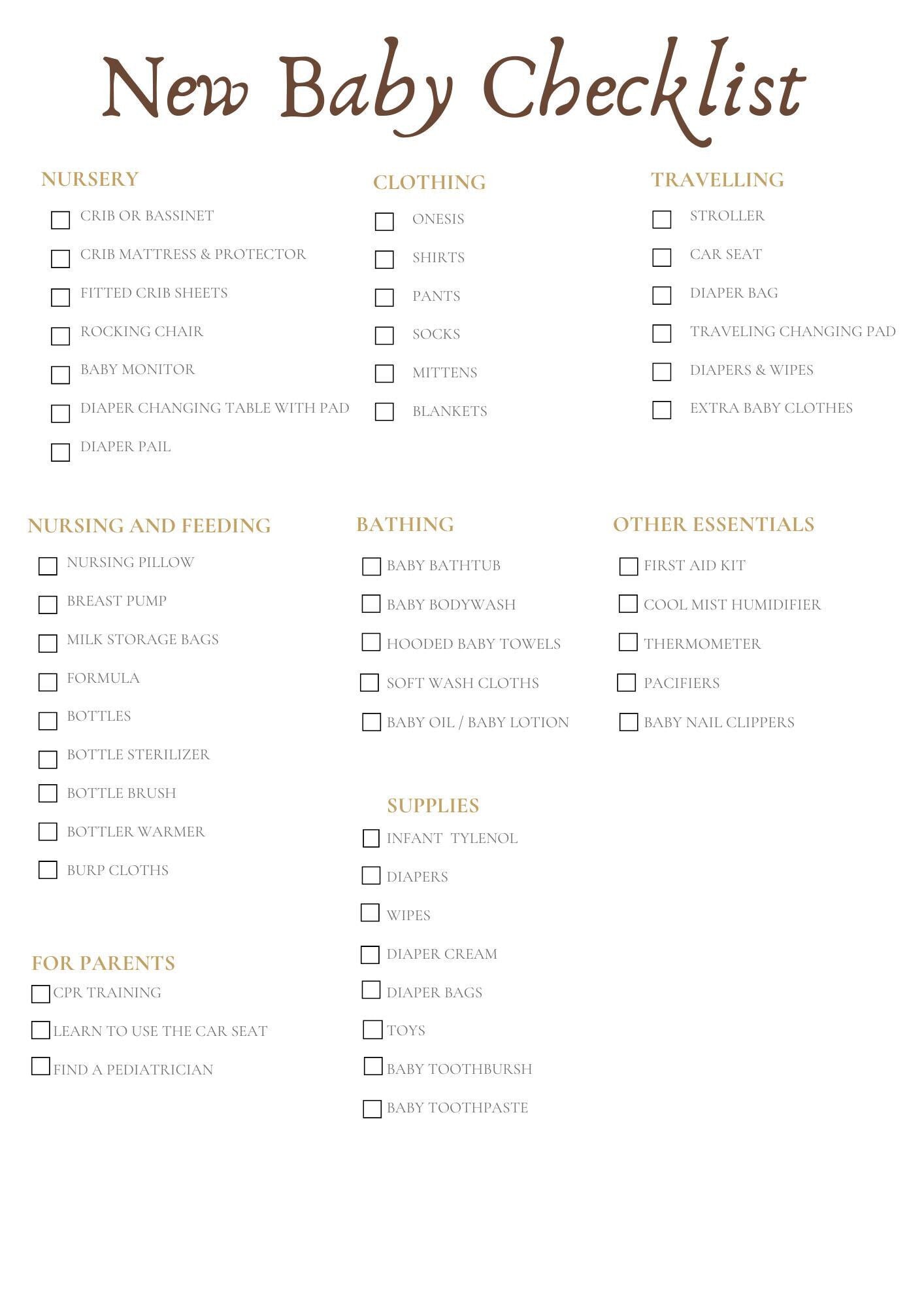 New Baby Checklists (printable) - Etsy