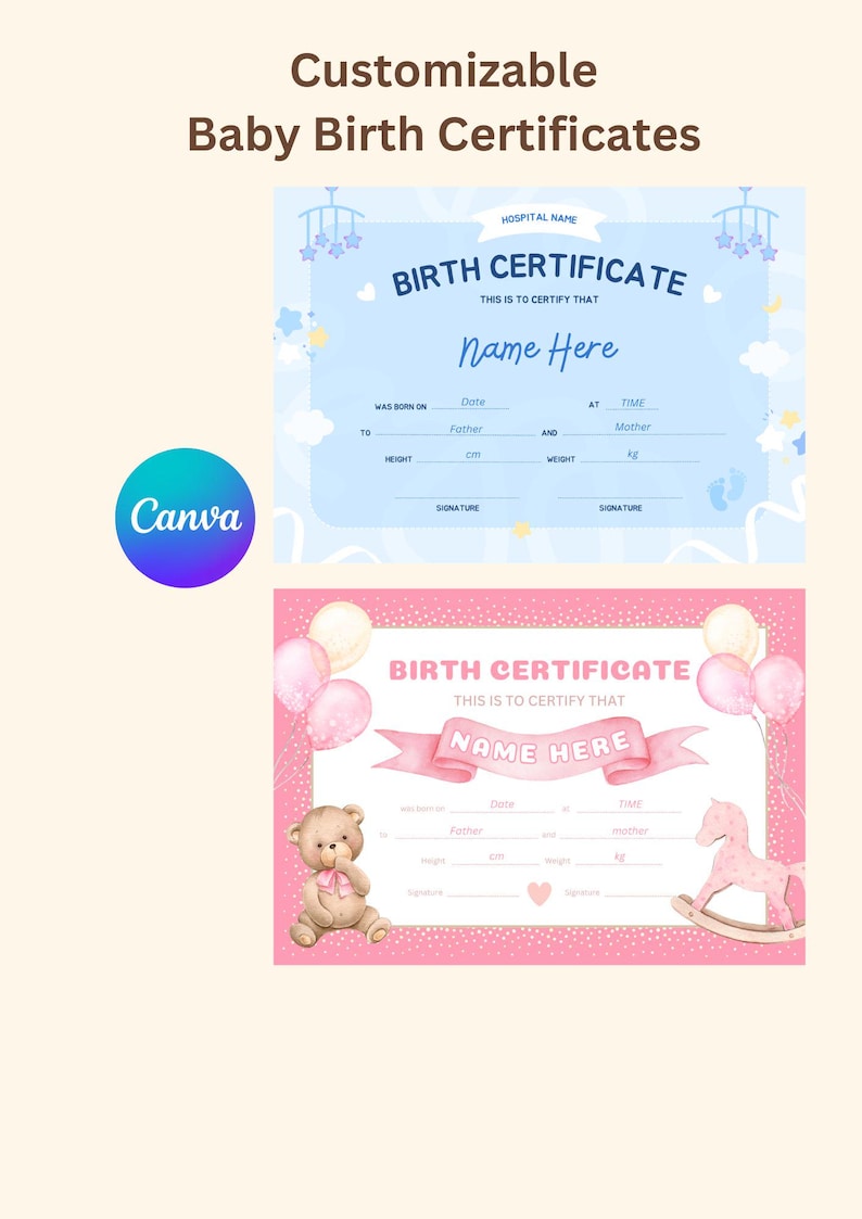 Customizable Baby Birth Certificate (on Canva) - Etsy