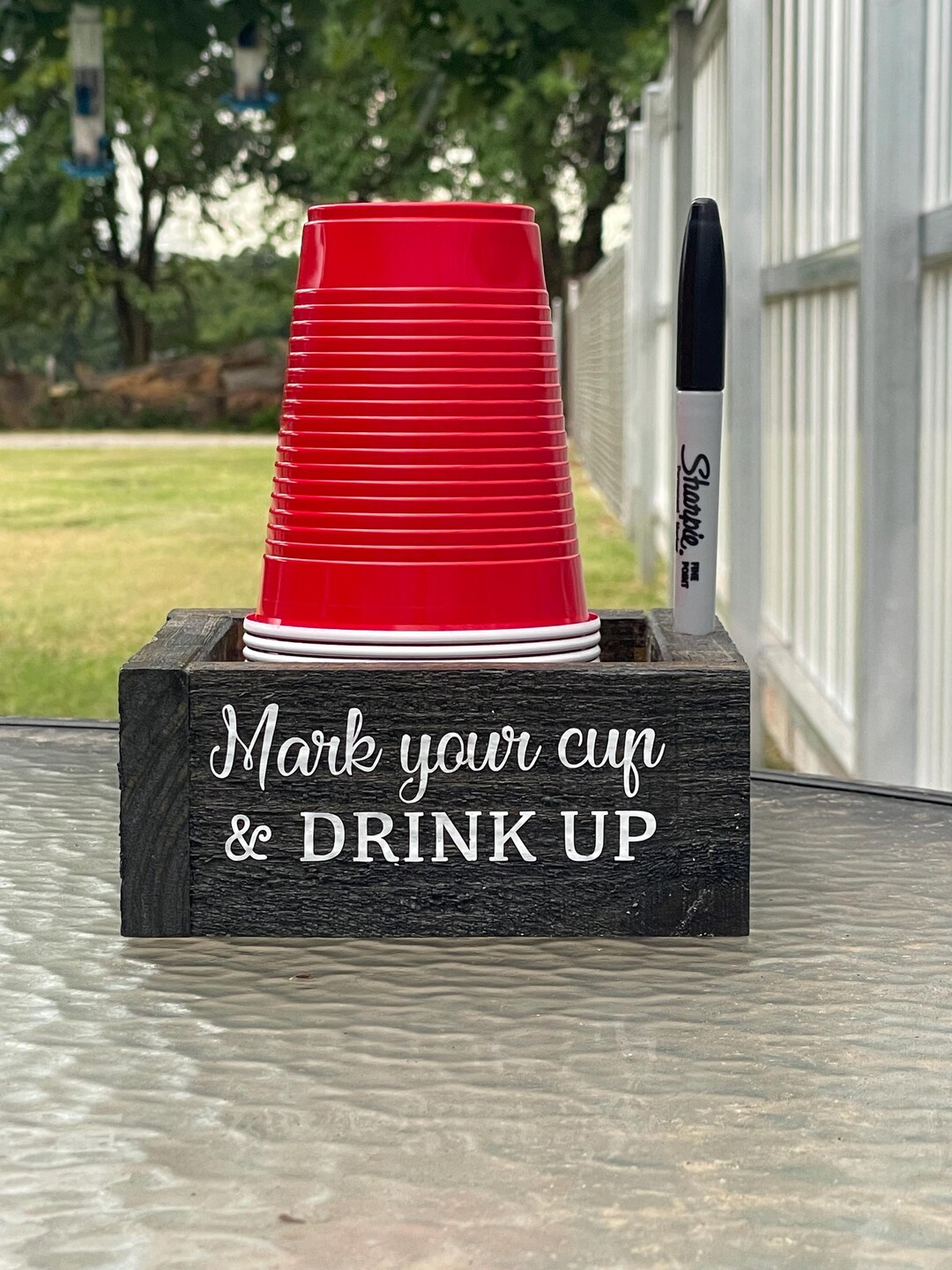 Rustic Party Cup Holder – “mark Your Cup & Drink Up” Wooden Sign Box ...