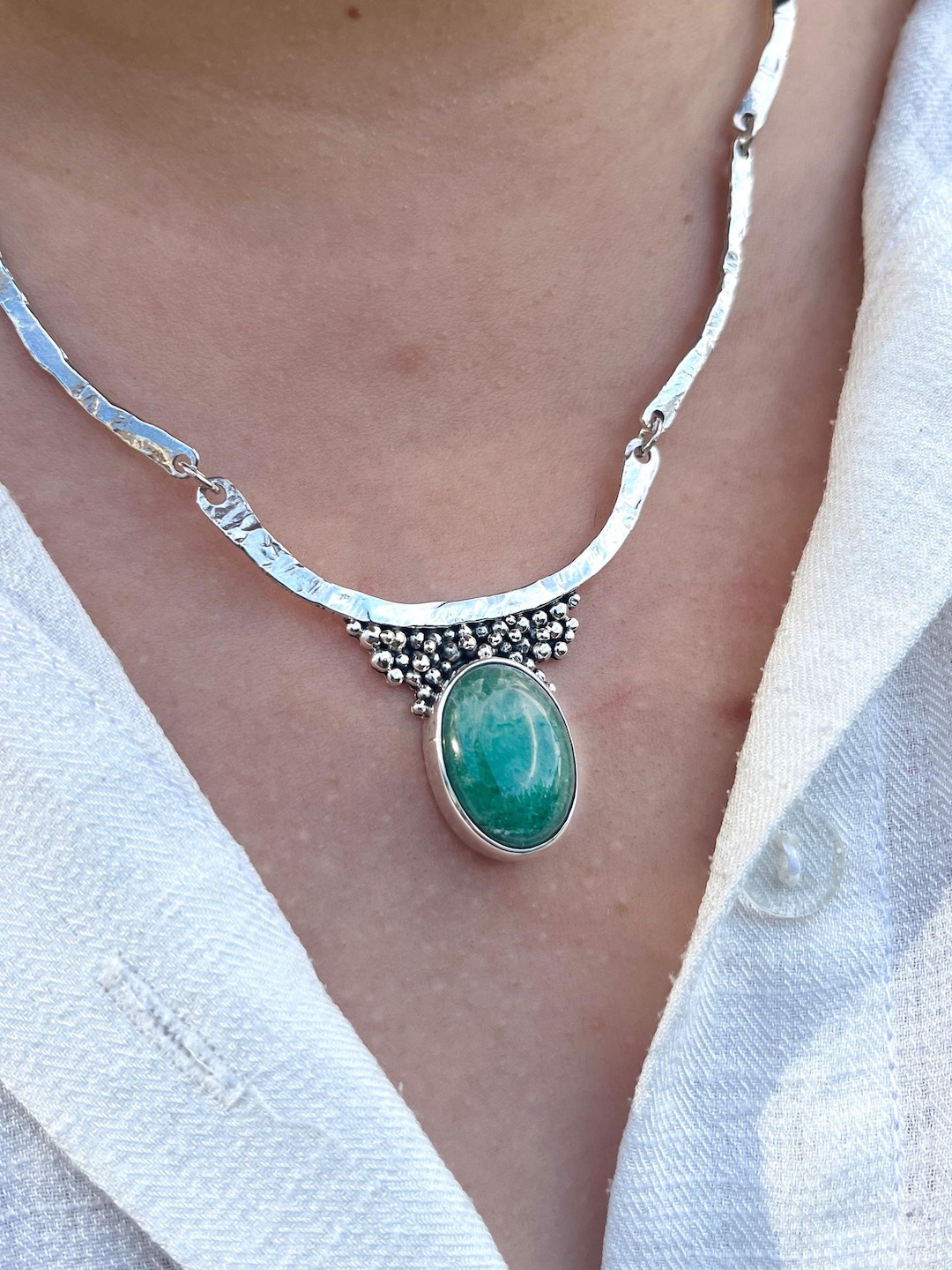 Green Beryl Silver Big Necklace, Handmade Jewelry, Choker Necklace, Big ...