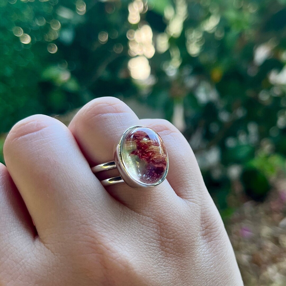 Red Garden Quartz Silver Ring, Lodolite Natural Gemstone, 925 Sterling ...