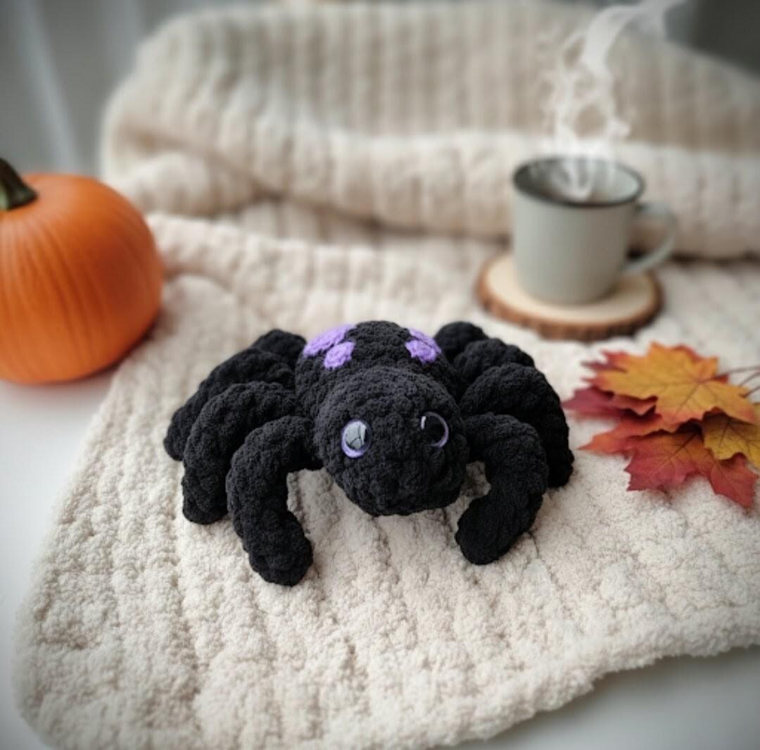 Black Purple Crochet Spider Plushie, Small Amigurumi Spider, Goth Desk ...