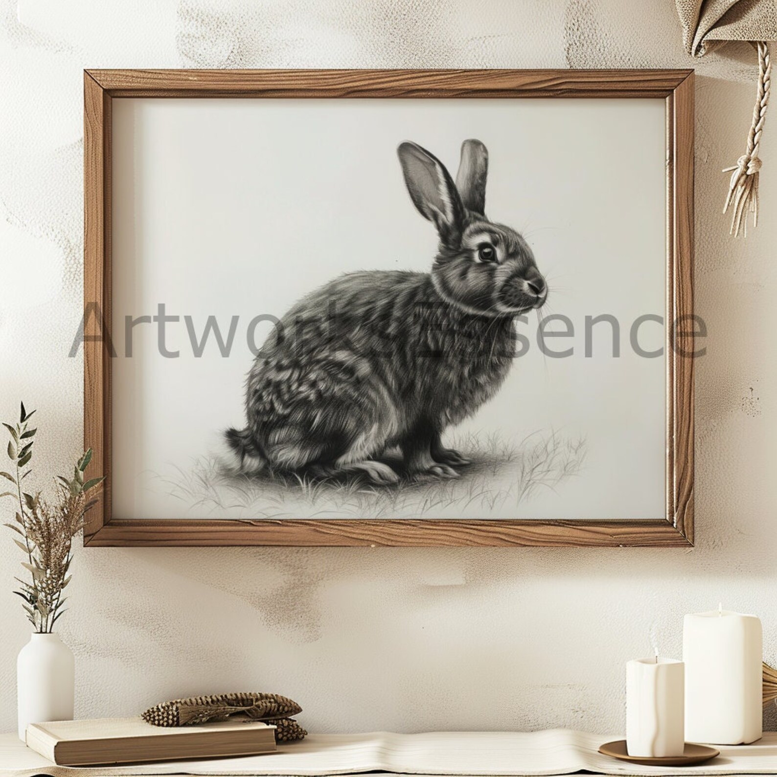 Drawing of A Rabbit Sitting on the Ground, Charcoal Art Style, Against ...