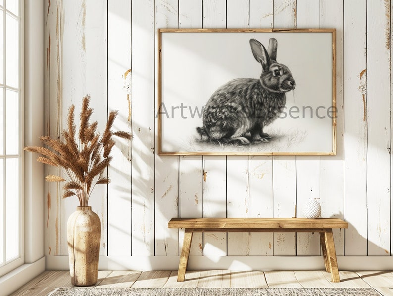 Drawing of A Rabbit Sitting on the Ground, Charcoal Art Style, Against ...