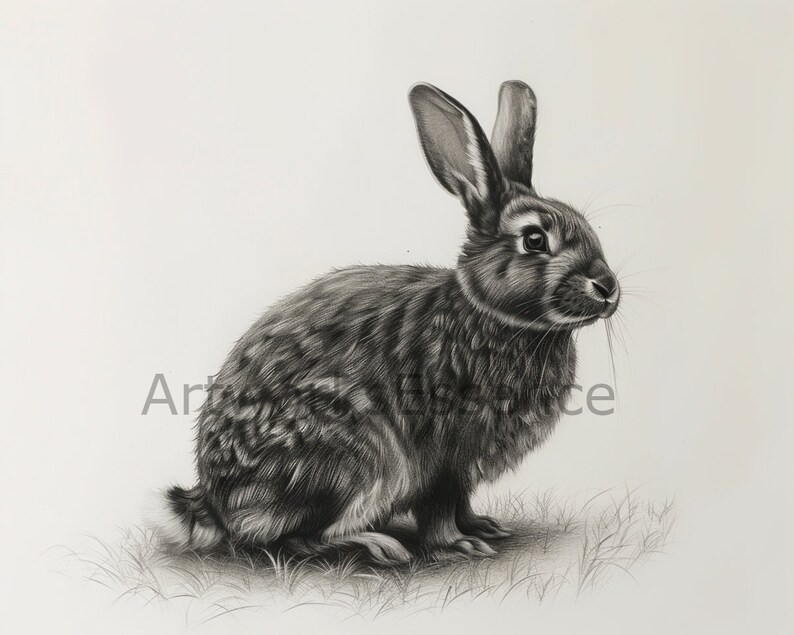 Drawing of A Rabbit Sitting on the Ground, Charcoal Art Style, Against ...