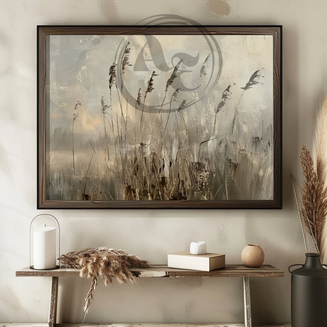 Abstract Oil Painting of Reeds in the Fog, Impressionist Style, Vintage ...