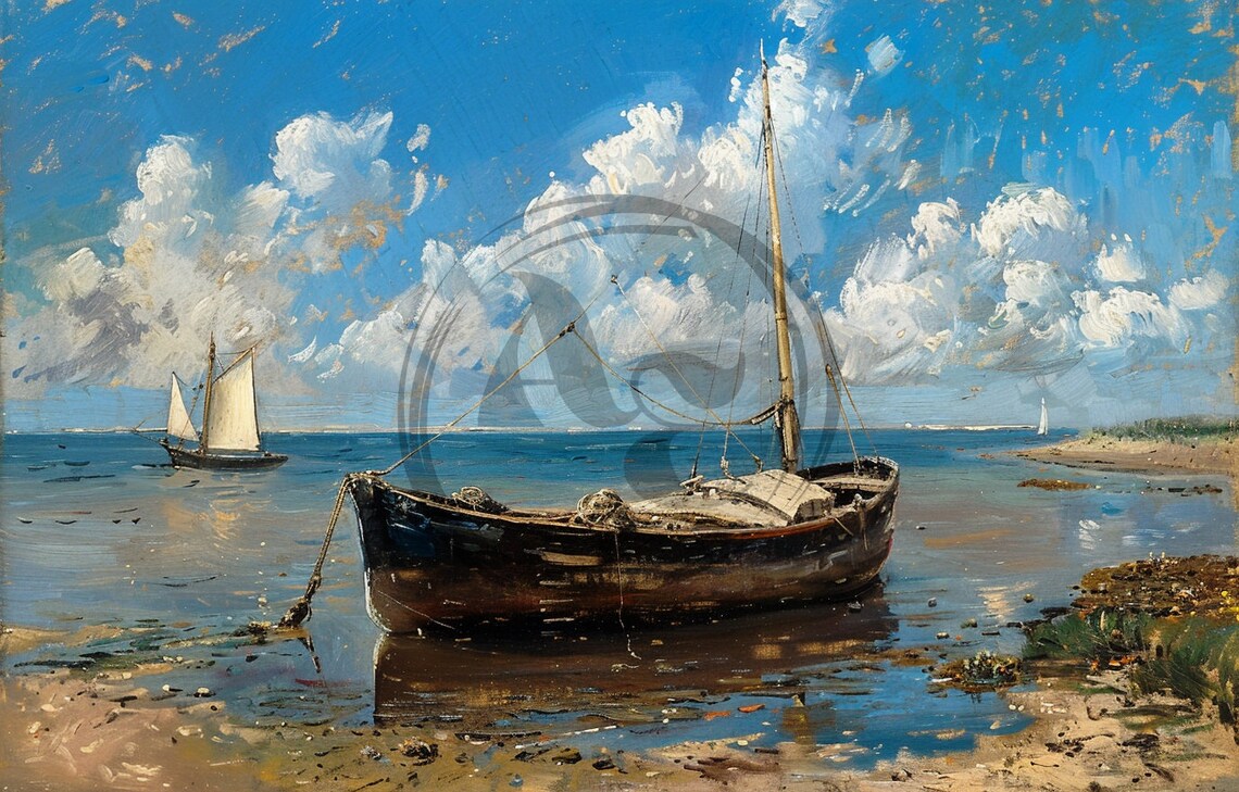 Oil Painting of an Old Wooden Fishing Boat Moored on Shallow Waters ...