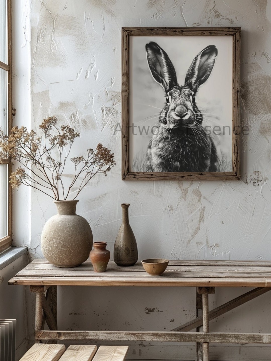 Charcoal Drawing of A Rabbit, Realistic Animal Portrait, Black and ...