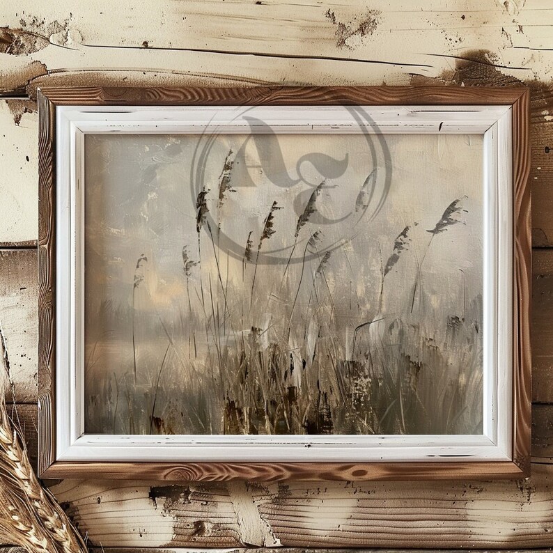 Abstract Oil Painting of Reeds in the Fog, Impressionist Style, Vintage ...