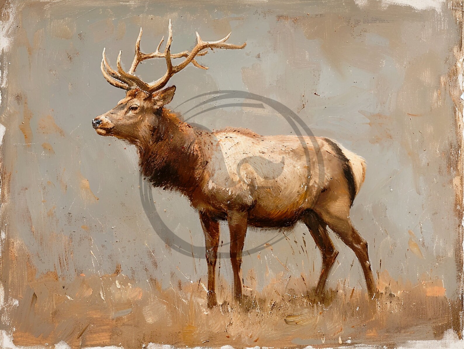 Oil Painting of an Elk on A Field, Side View, Muted Colours ...