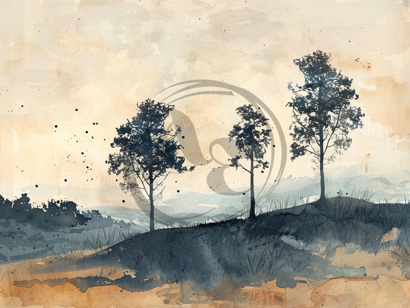 Ink and Watercolor Landscape Painting With Trees on A Hill, Minimalist ...