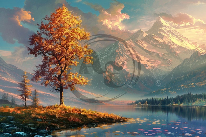 Painted Illustration of an Autumn Tree by an Alpine Lake, Snow-capped ...