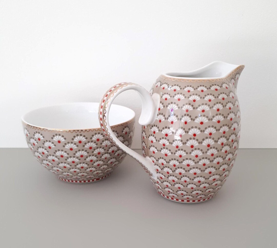 PIP STUDIO AMSTERDAM Floral Bloomingtails Khaki Porcelain Creamer and Small Bowl Beige With Gold ...