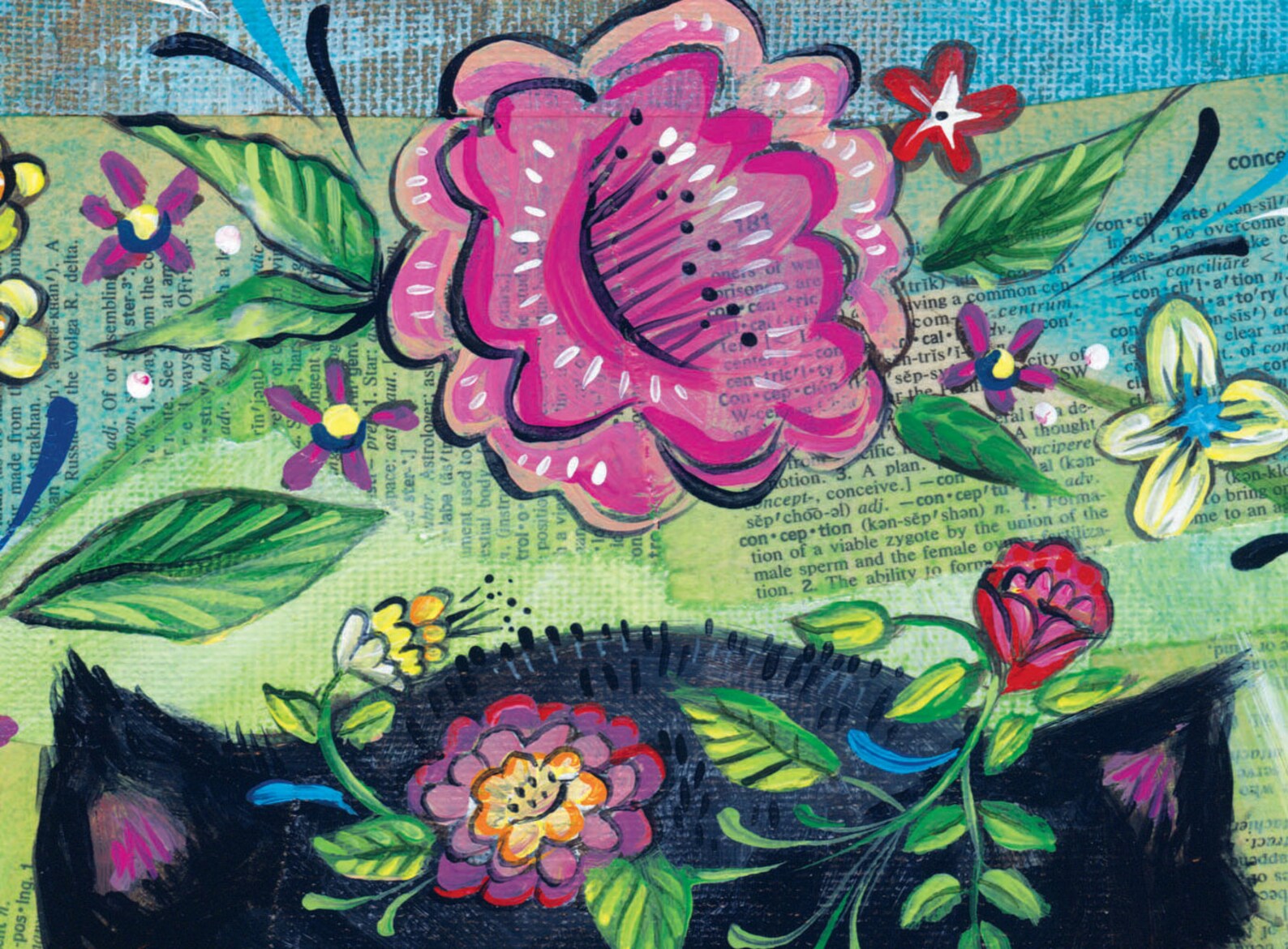 Black Kitty Cat Print With Flower Wreath Pop Folksie Print - Etsy