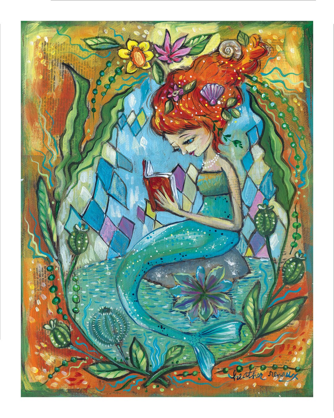 Mermaid Reading Fairytales - Pop Folk Surrealism Print - by Heather ...