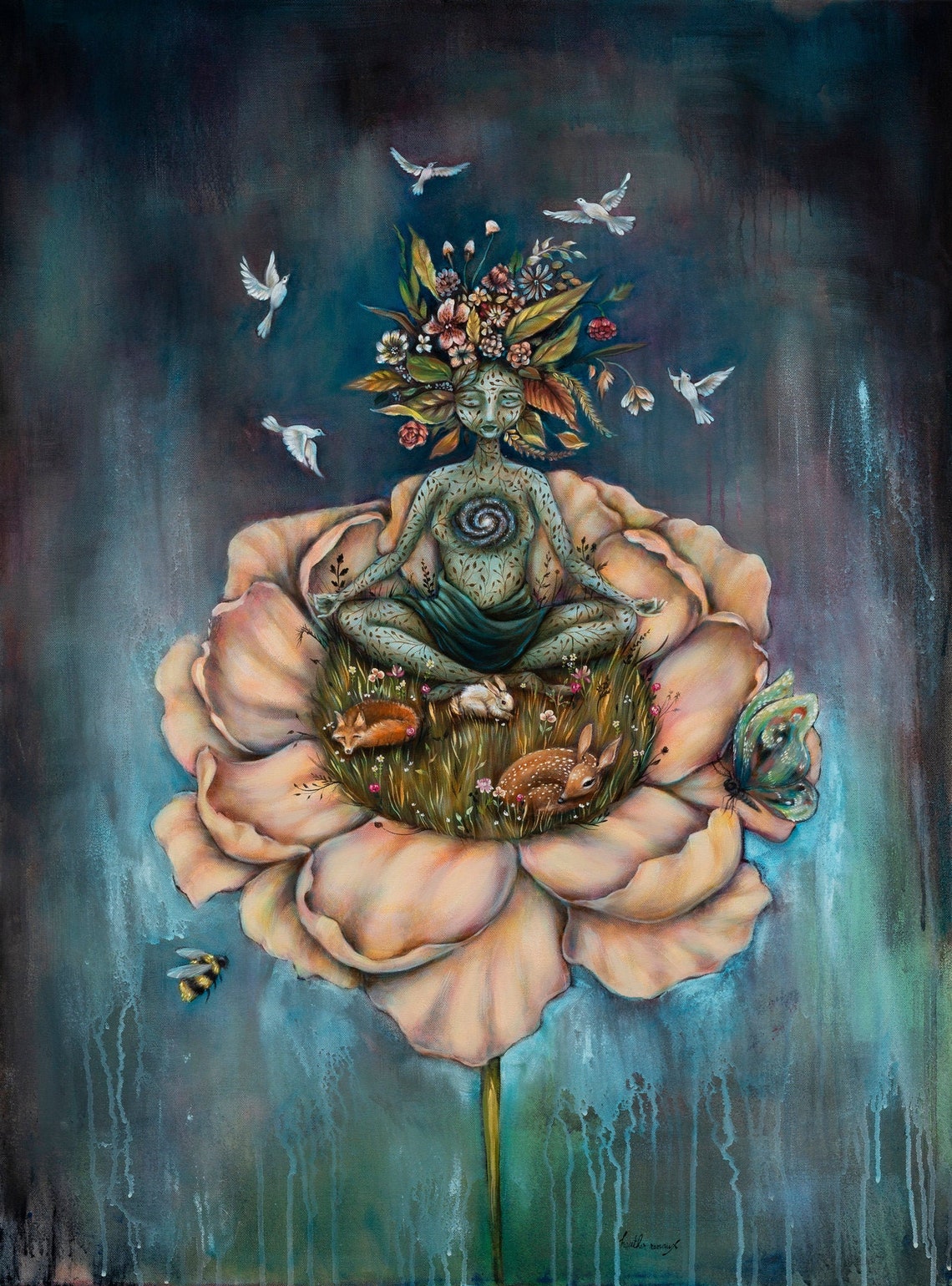 Meditating Woman, Fox, White Rabbit, Fawn, Meditation, Zen ...