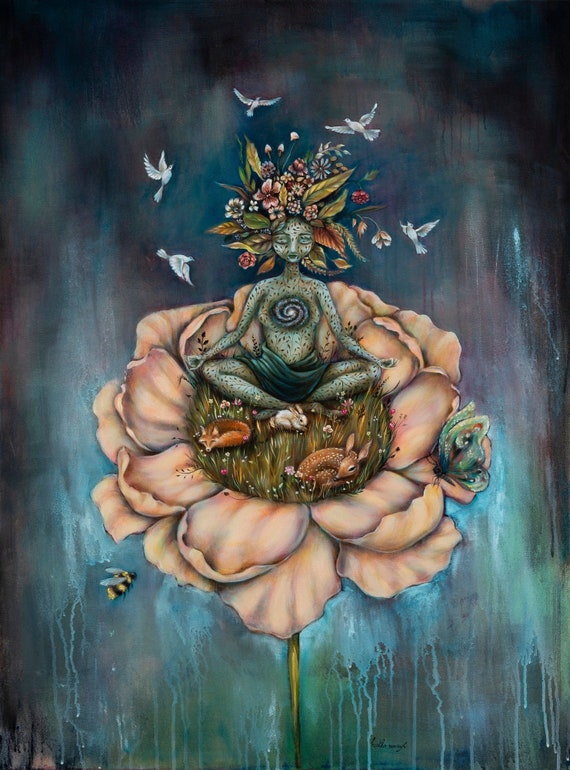 Meditating Woman Fox White Rabbit Fawn Meditation Zen | Etsy