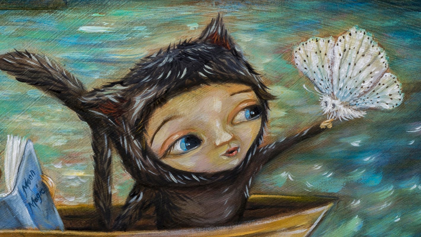 Pink Bunny Rabbit Black Kitty Cat Reading Books White Moth - Etsy