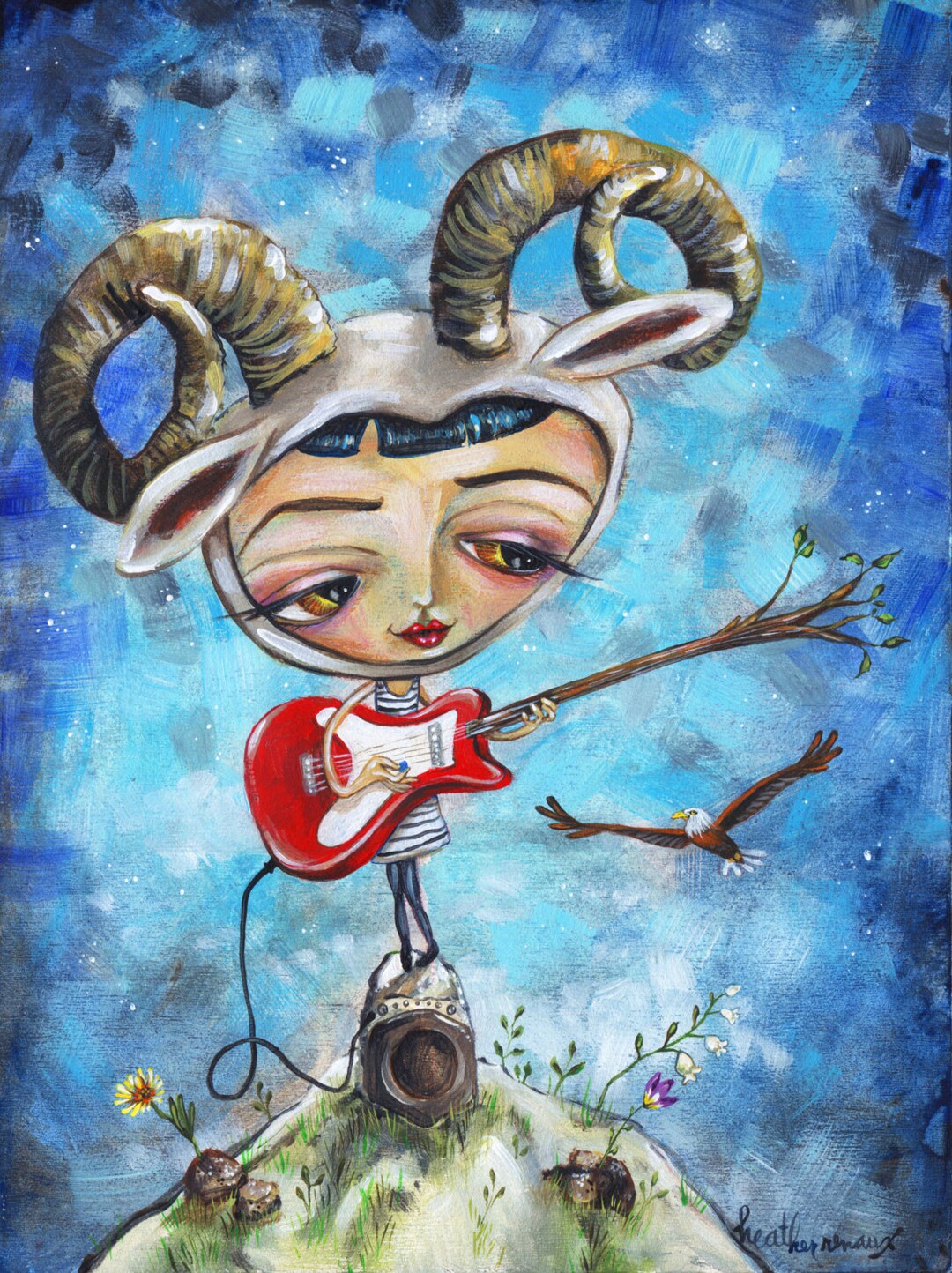 Ram Girl Playing Electric Guitar - Pop Surrealism "fauna" Print - by ...