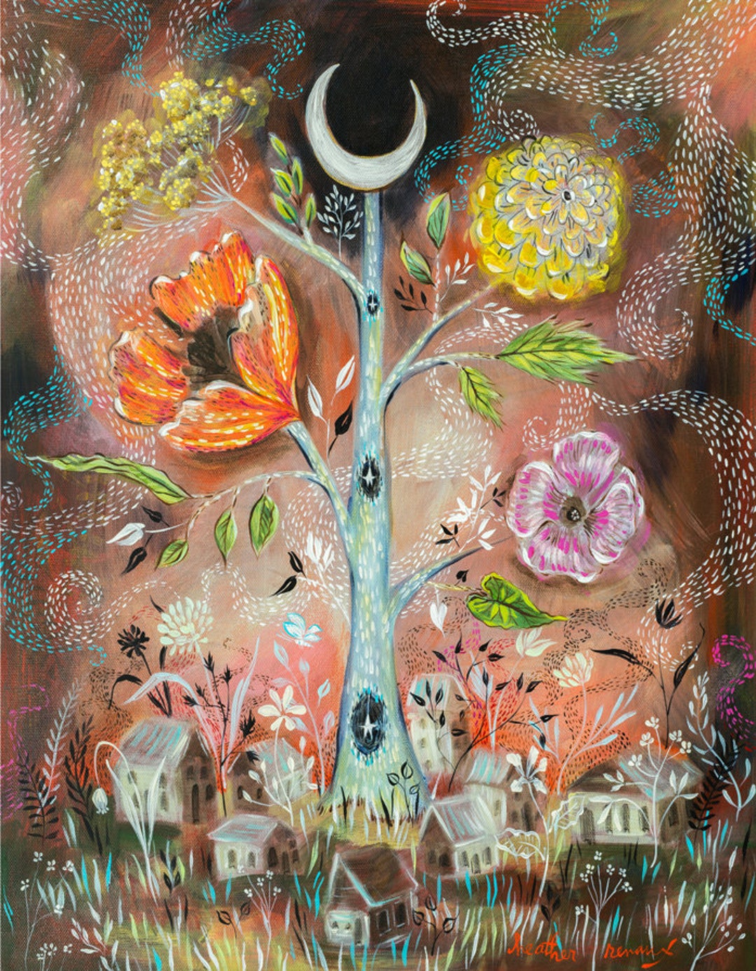 Inspirational Nature Tree Stars Moon Flowers Village-"moon and Stars ...