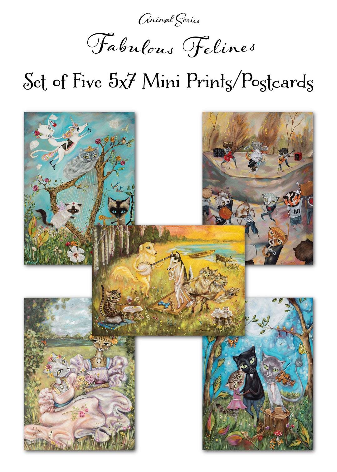 Mini Prints Set of 5, Art Postcard Gift Set, 5x7 Art Prints, Cats ...