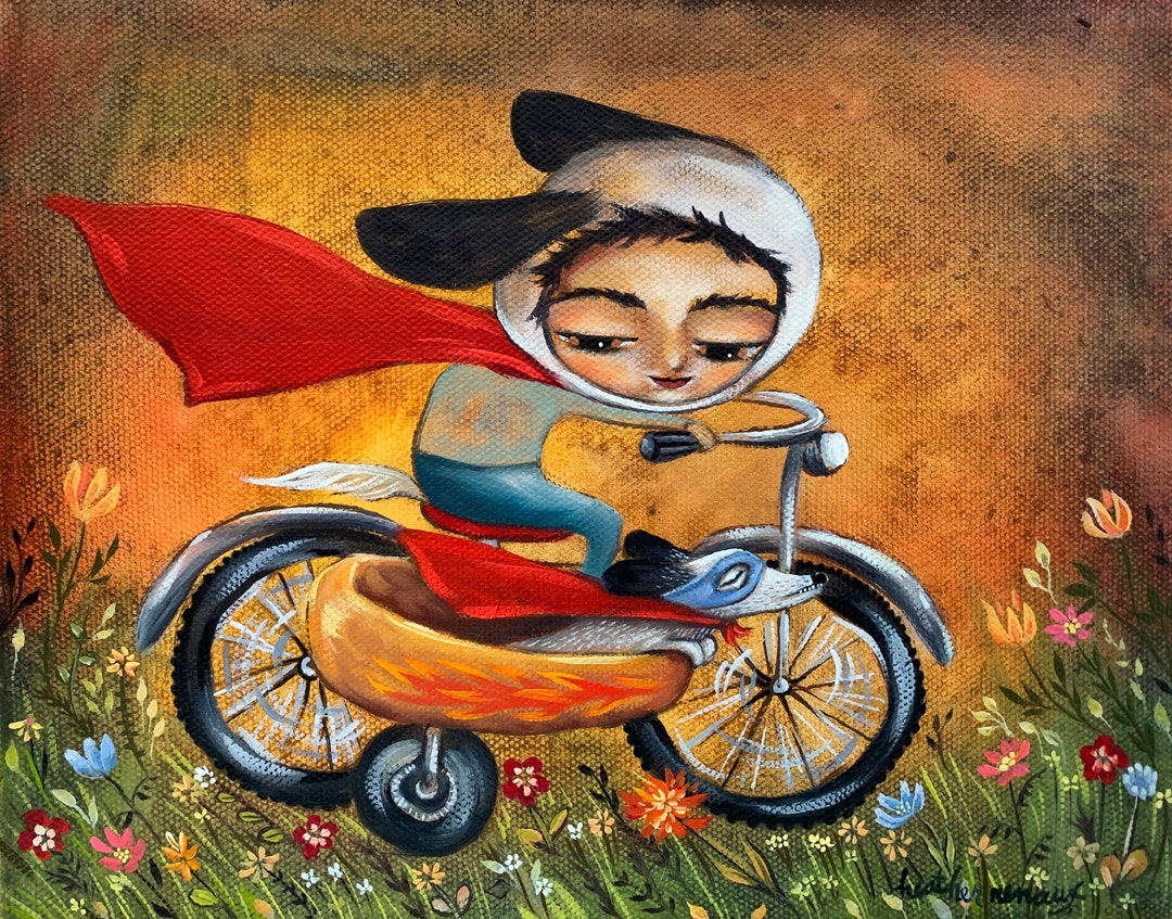 Boy, Dog, Sidecar, Bike, Superhero, Kids Room Decor, Baby Shower Gift ...