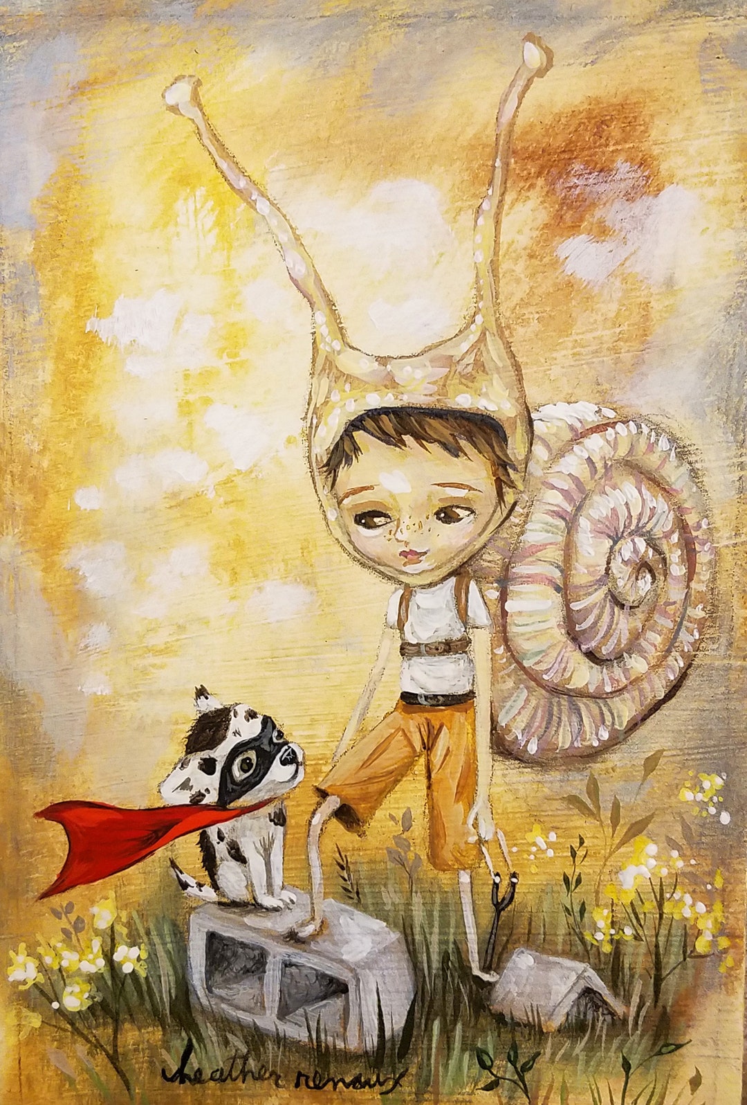 Snail Boy With Super Dog, Cape, Puppy, Slingshot, Pop Folk Surrealism ...