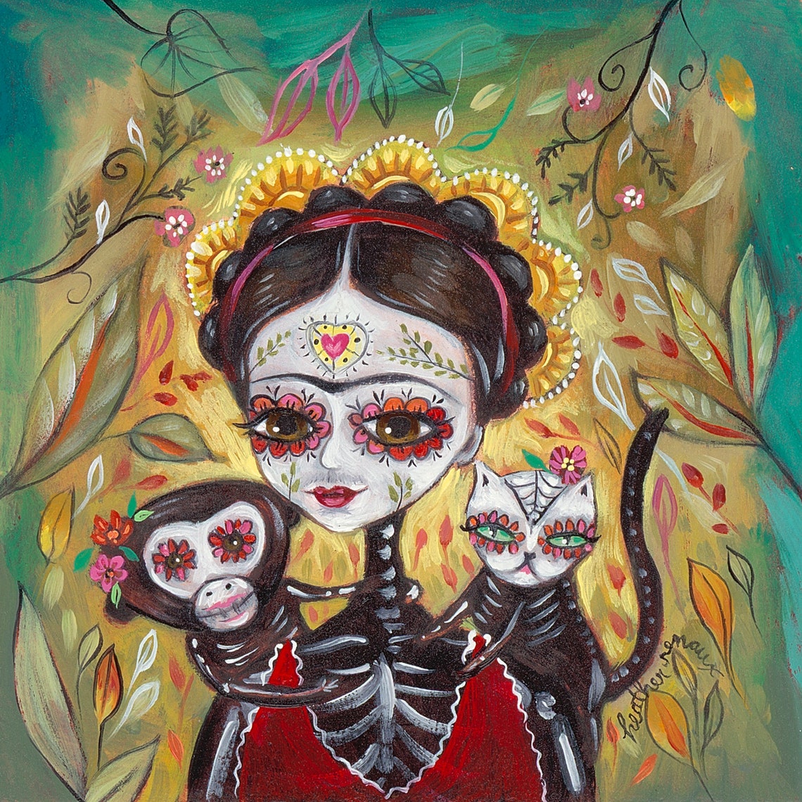 Sugar Skull Frida Kahlo, Black Cat, Monkey, Flowers, Halo, Frida Art ...