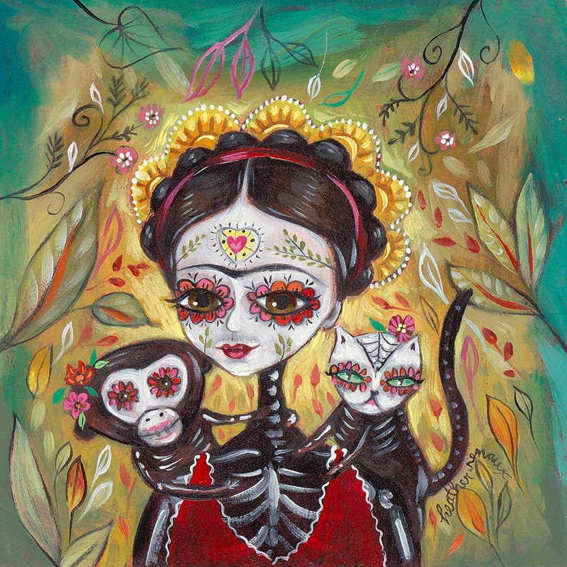 Sugar Skull Frida Kahlo Black Cat Monkey Flowers Halo - Etsy