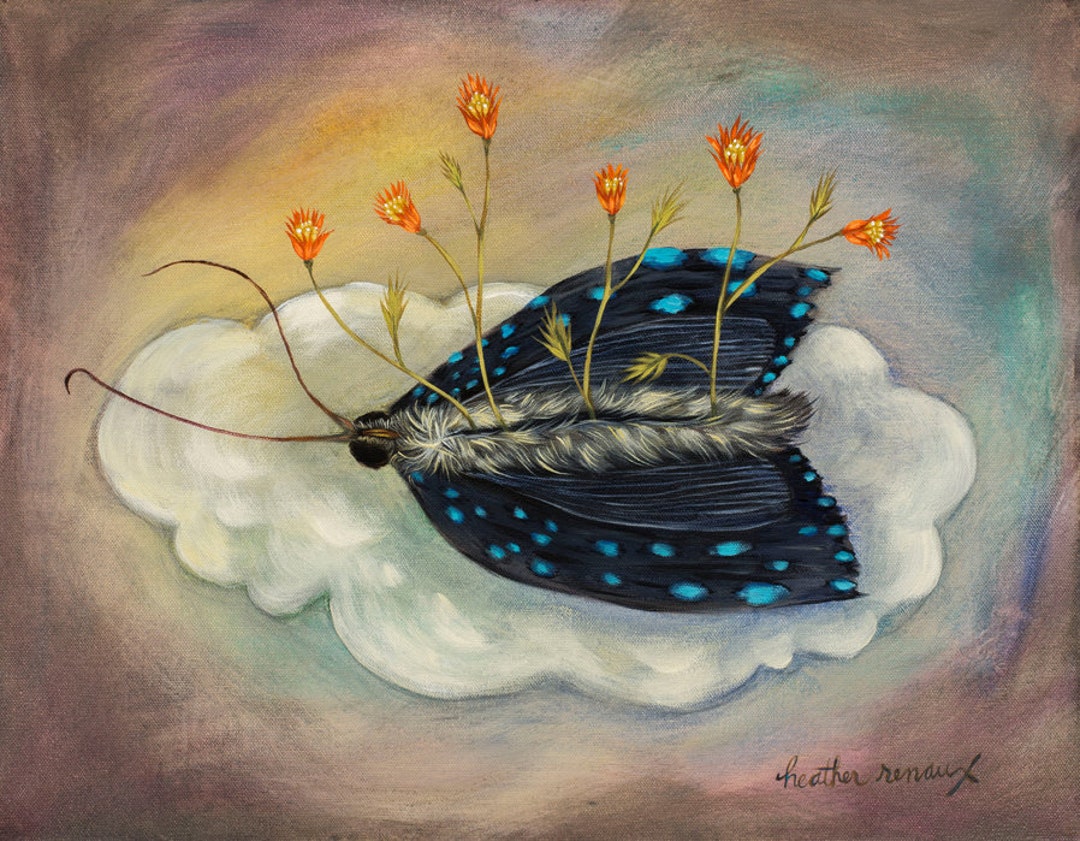 Moth, Cloud, Flowers, Garden Pop Folk Surrealism Print by Heather ...