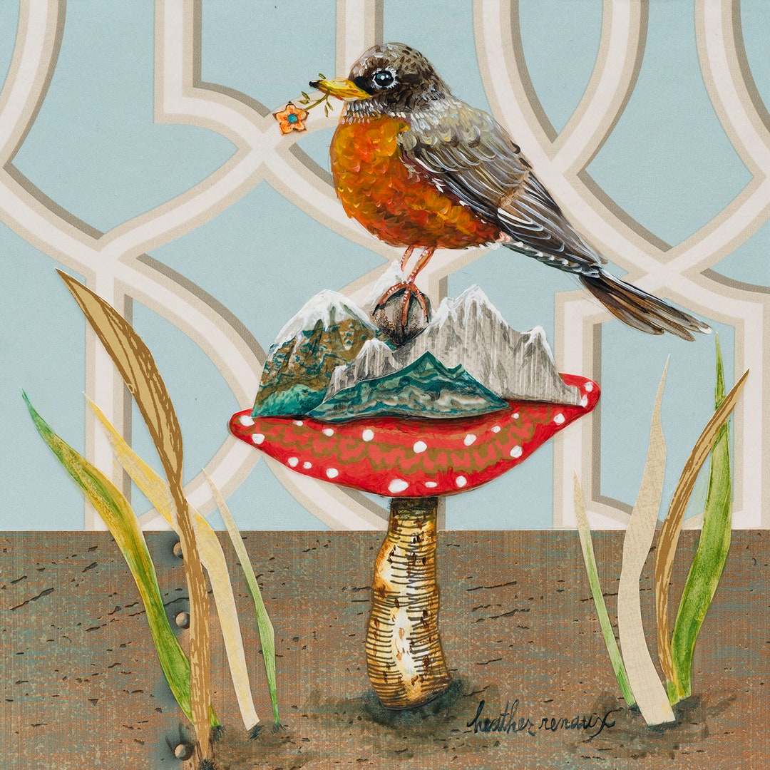 Robin, Bird Art, Spring, Collage, Animal Art, Bird Lover, Flower Garden ...