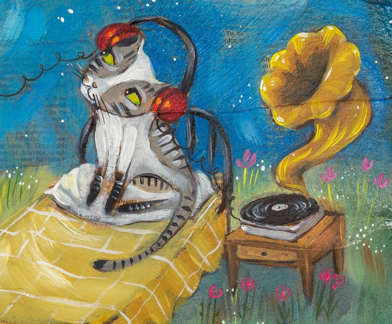 Cat Art, Cat Lover Gift, Headphones, Beats, Record Player, Night Sky ...
