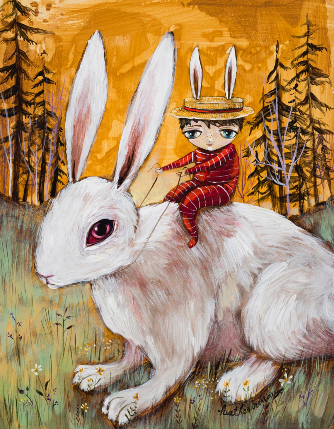 Boy Straw Hat Bunny Rabbit Forest A Boy and His Bunny - Etsy