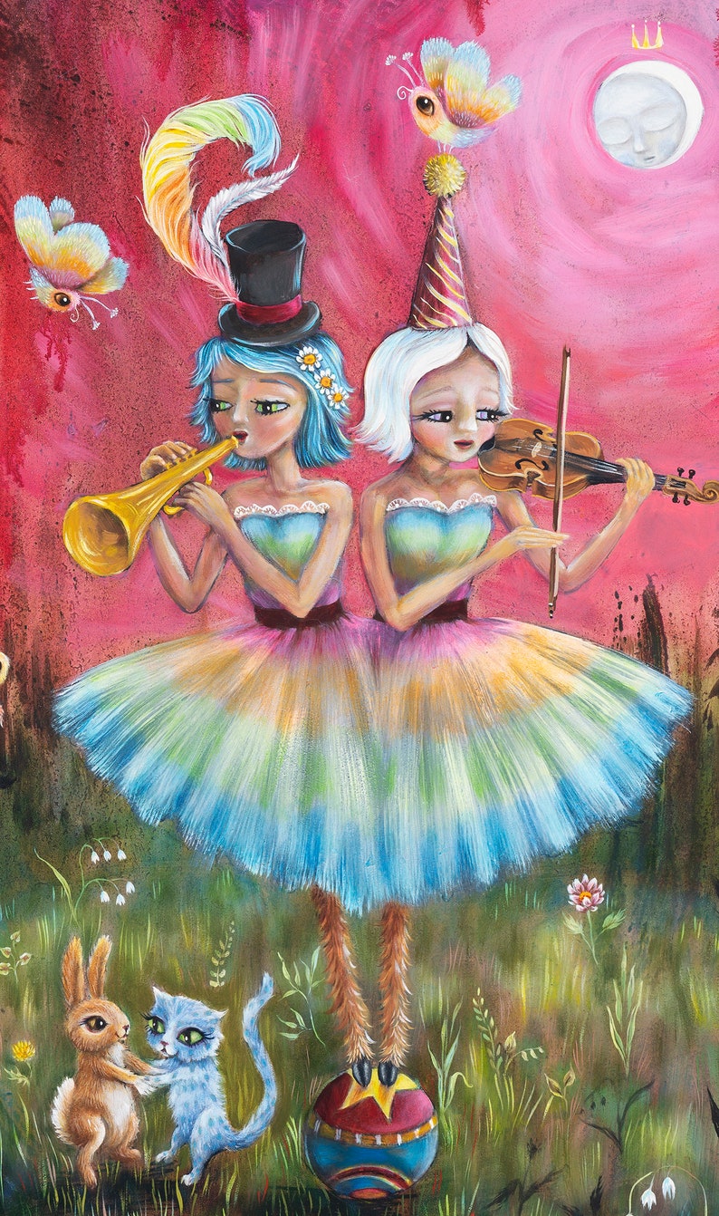 Twins Circus Girl Violin Trumpet Kitty Cat Bunny Rabbit - Etsy