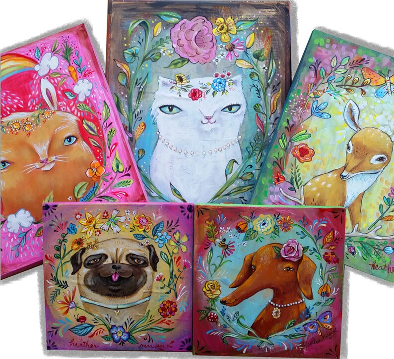 Black Kitty Cat Print With Flower Wreath Pop Folksie Print - Etsy